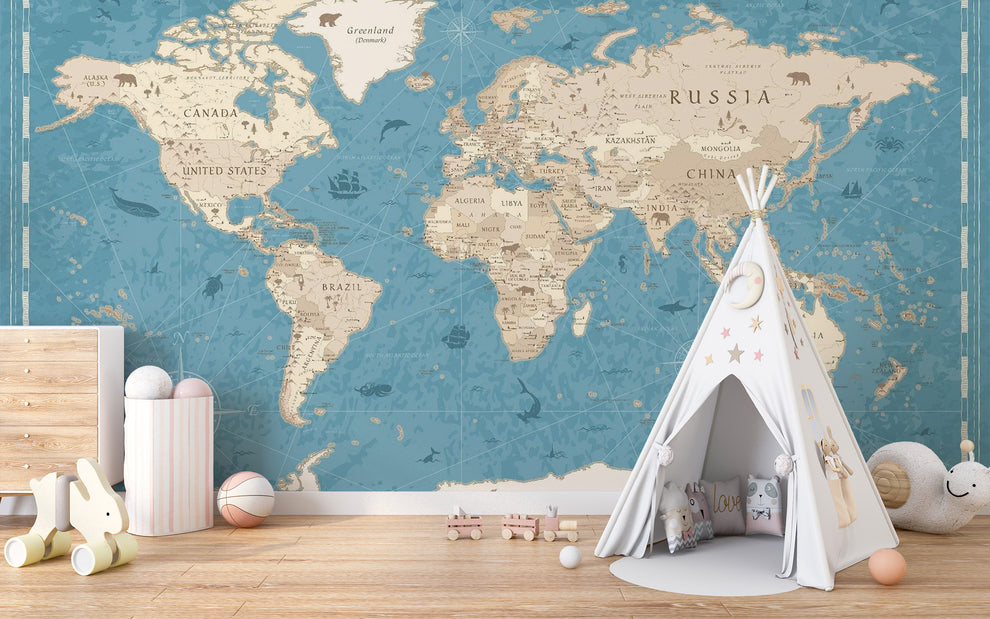 Vintage World Map Wallpaper Mural - Timeless Adventure