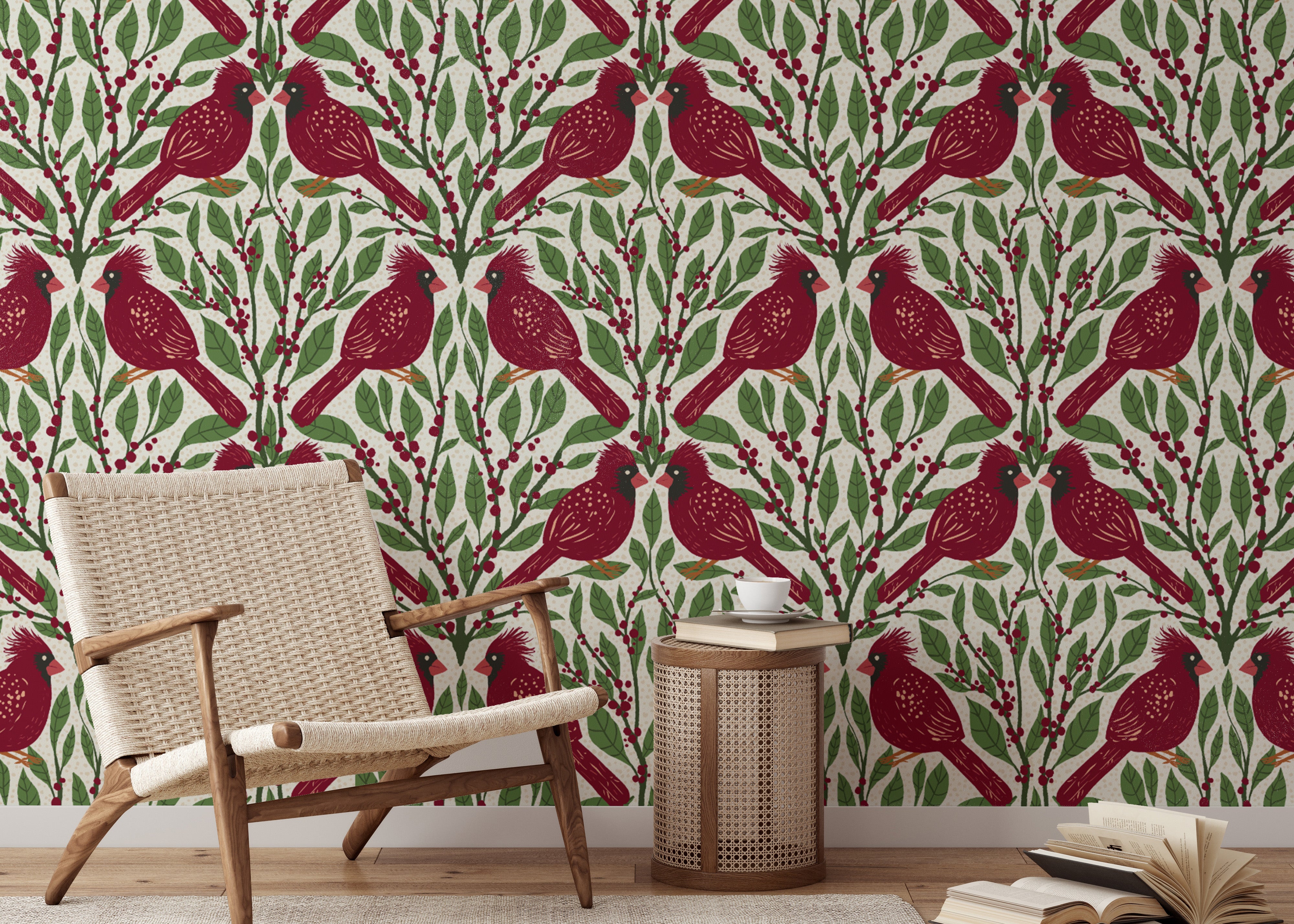 Buy Burgundy Red Cardinals Birds Winterberry Wallpaper Mural