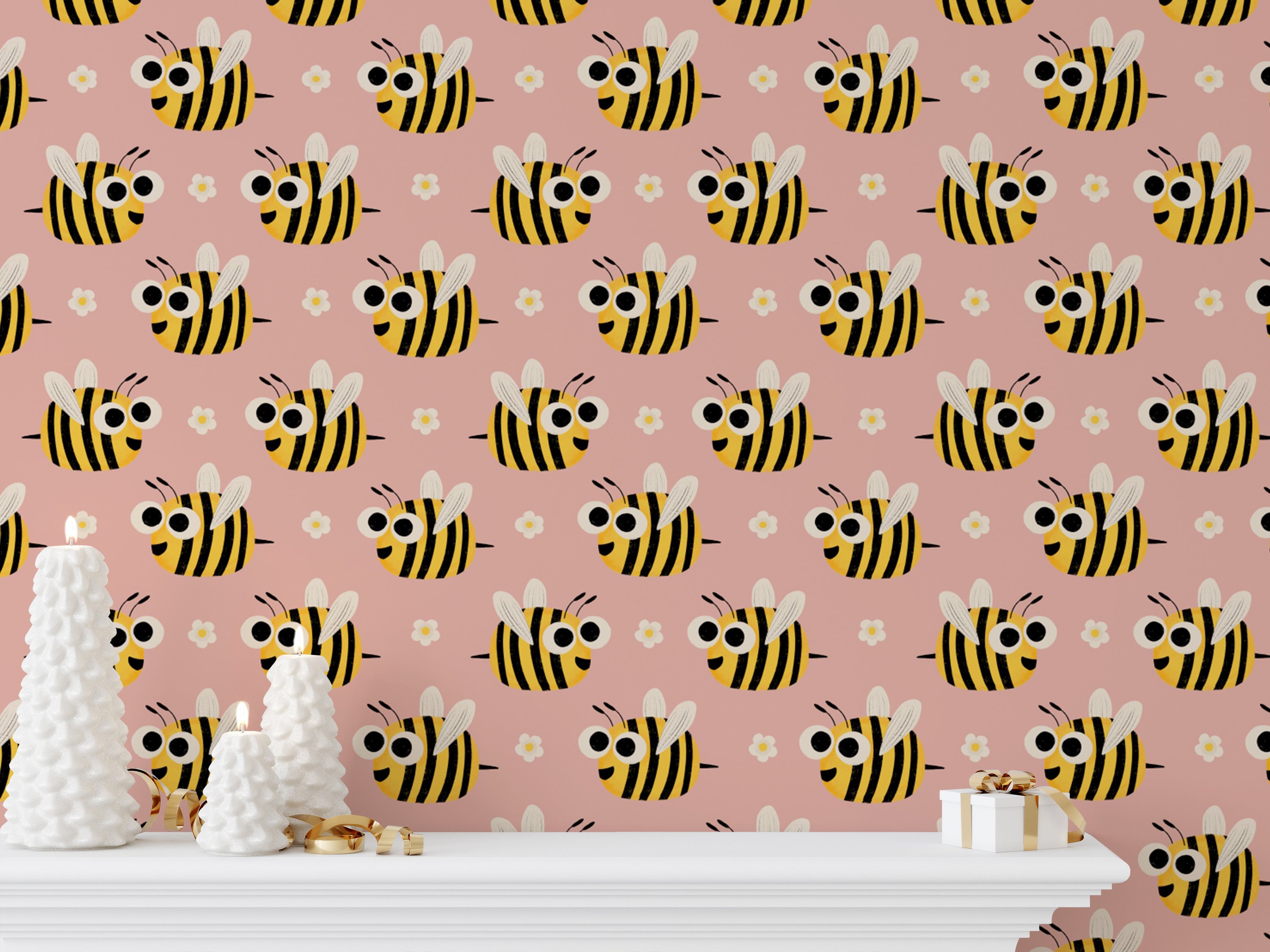 Cute Bees Seamless Pattern on Pink Wallpaper - Charming Decor
