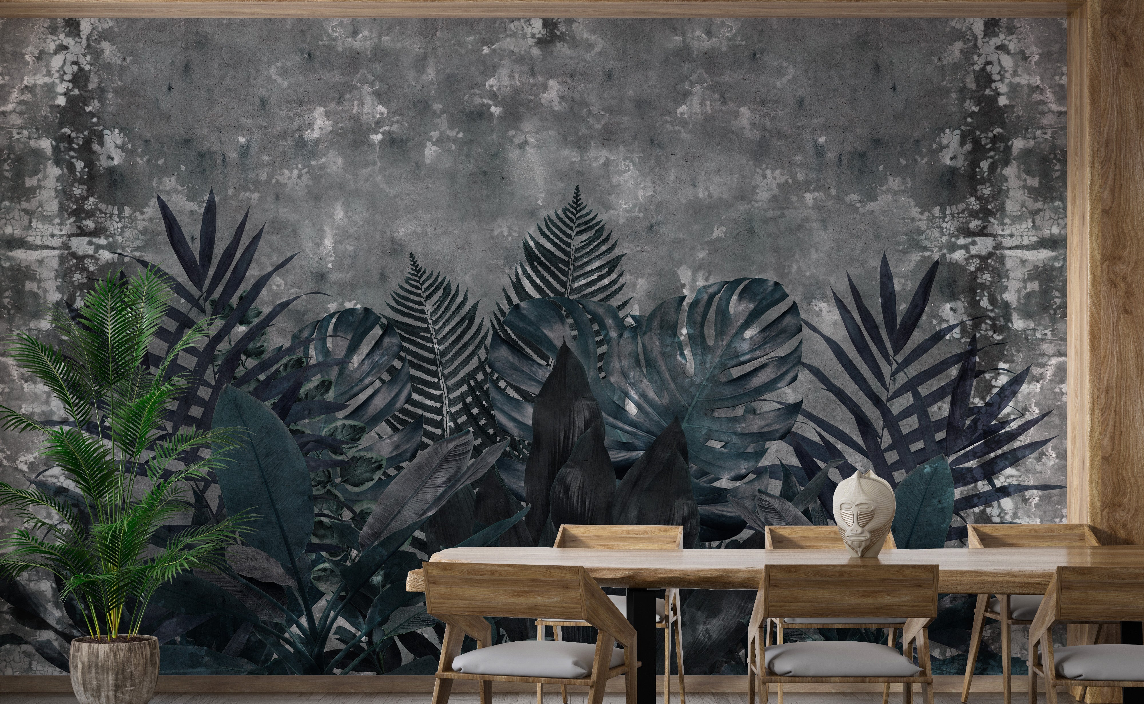 Dark Rustic Effect Tropical Leaves Wallpaper Murals | Giffywalls