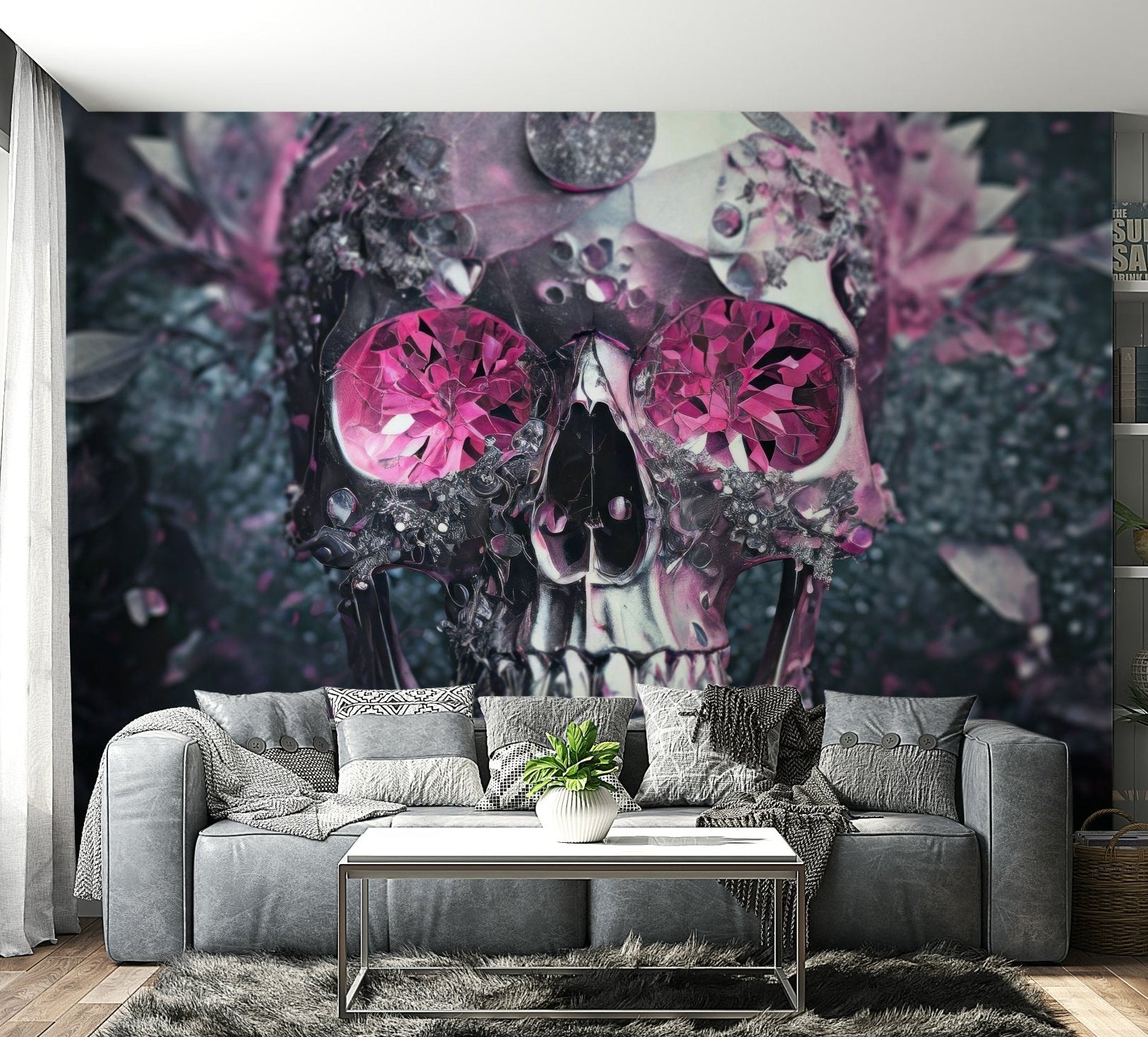 Ruby-Eyed Skull Floral Wallpaper - Edgy Elegant Wall Decor
