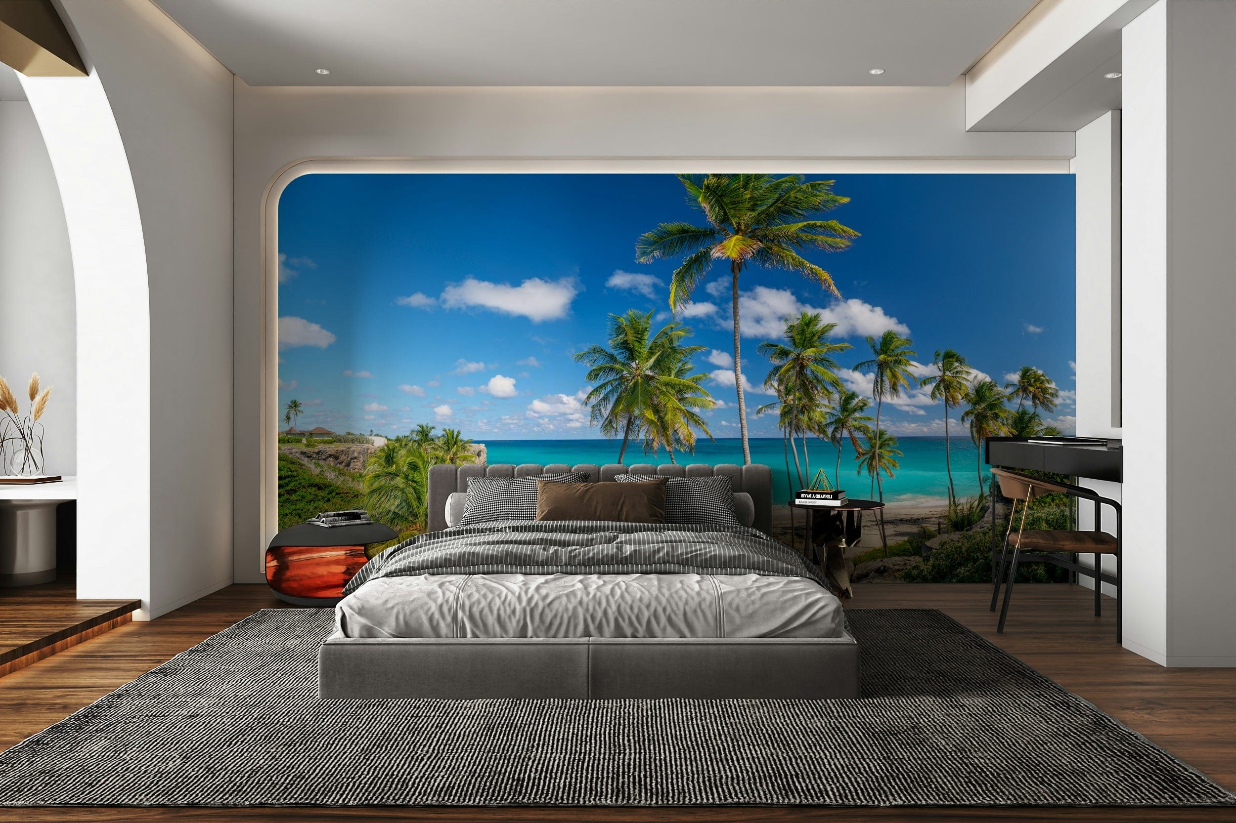 Palm Lined Shore Mural | Tranquil Beach Wallpaper Decor