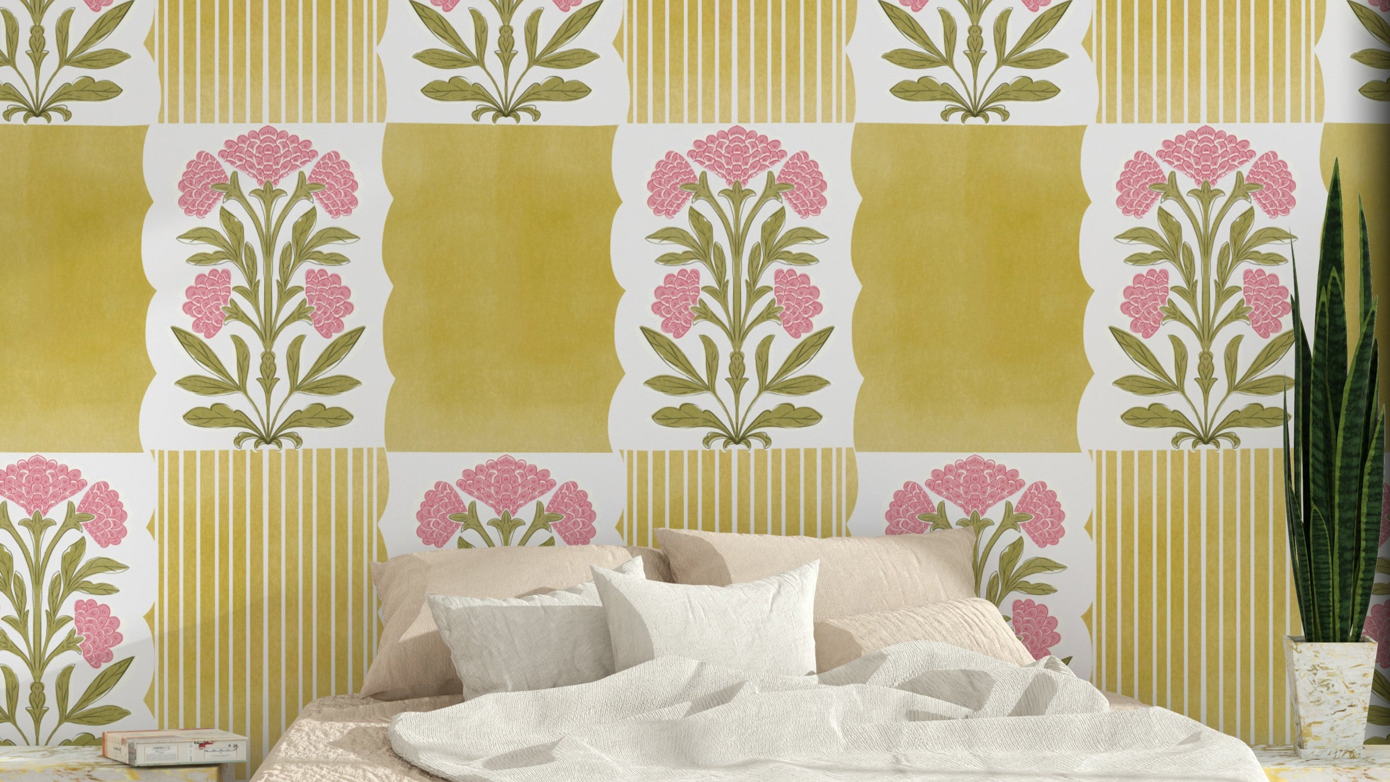 Subtle Stripes & Floral Blooms Wallpaper